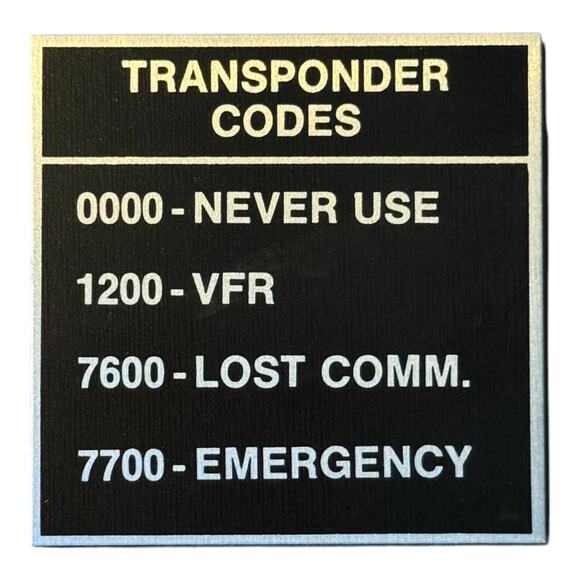 Unbranded | Other | Aircraft Transponder Codes Placard 20 Vfr 7600 Lost ...
